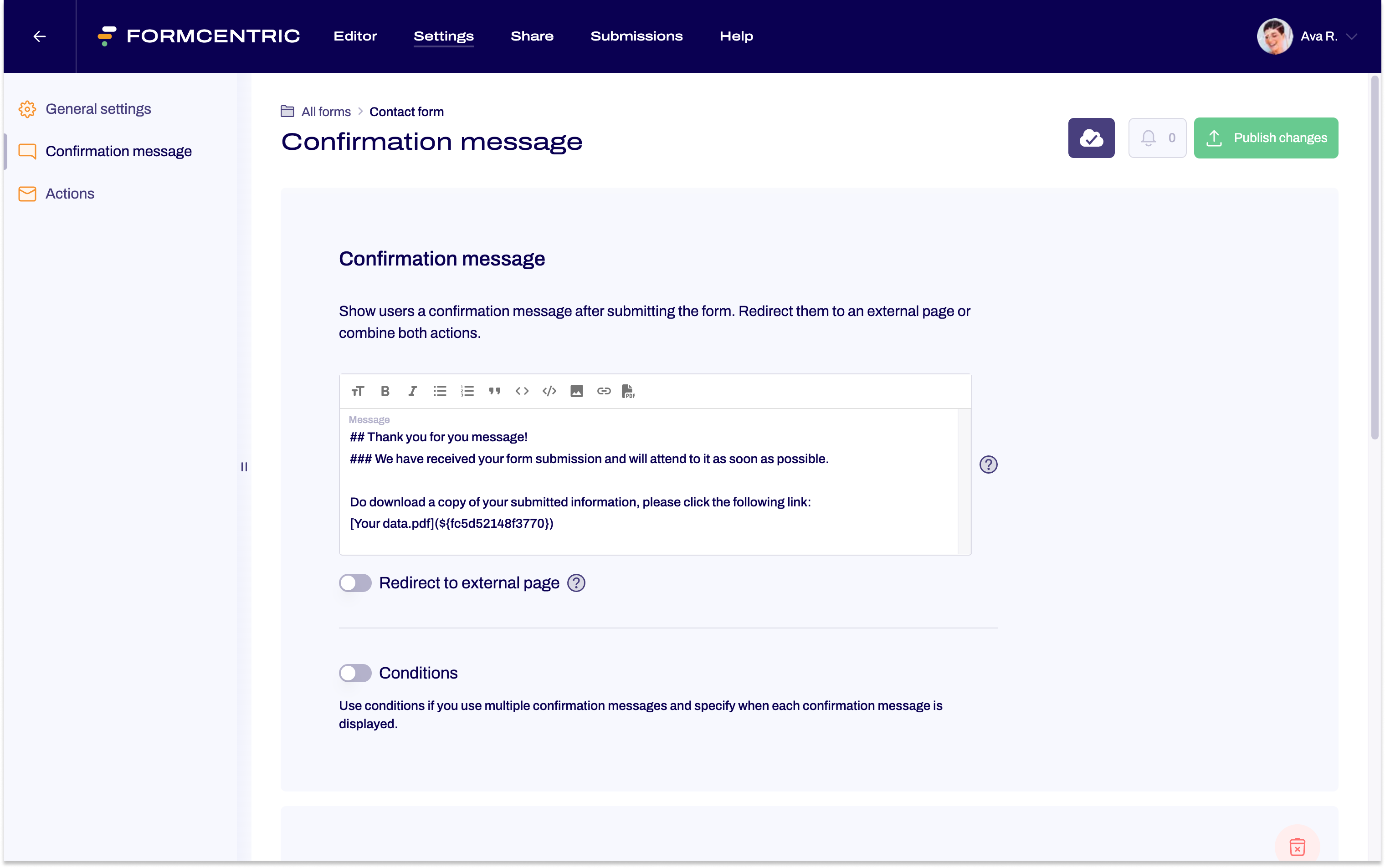Linking confirmation messages to conditions