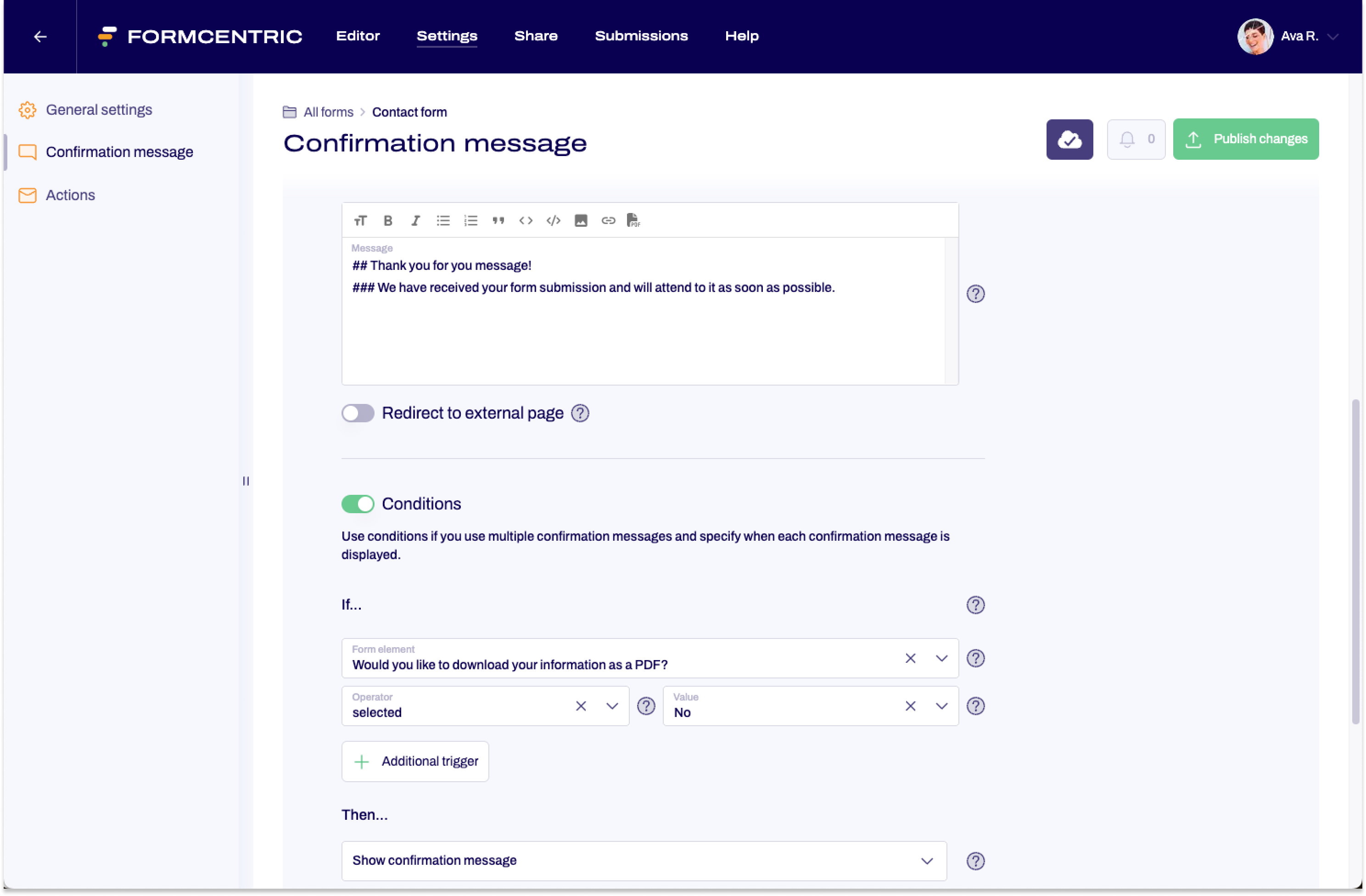 Linking confirmation messages to conditions