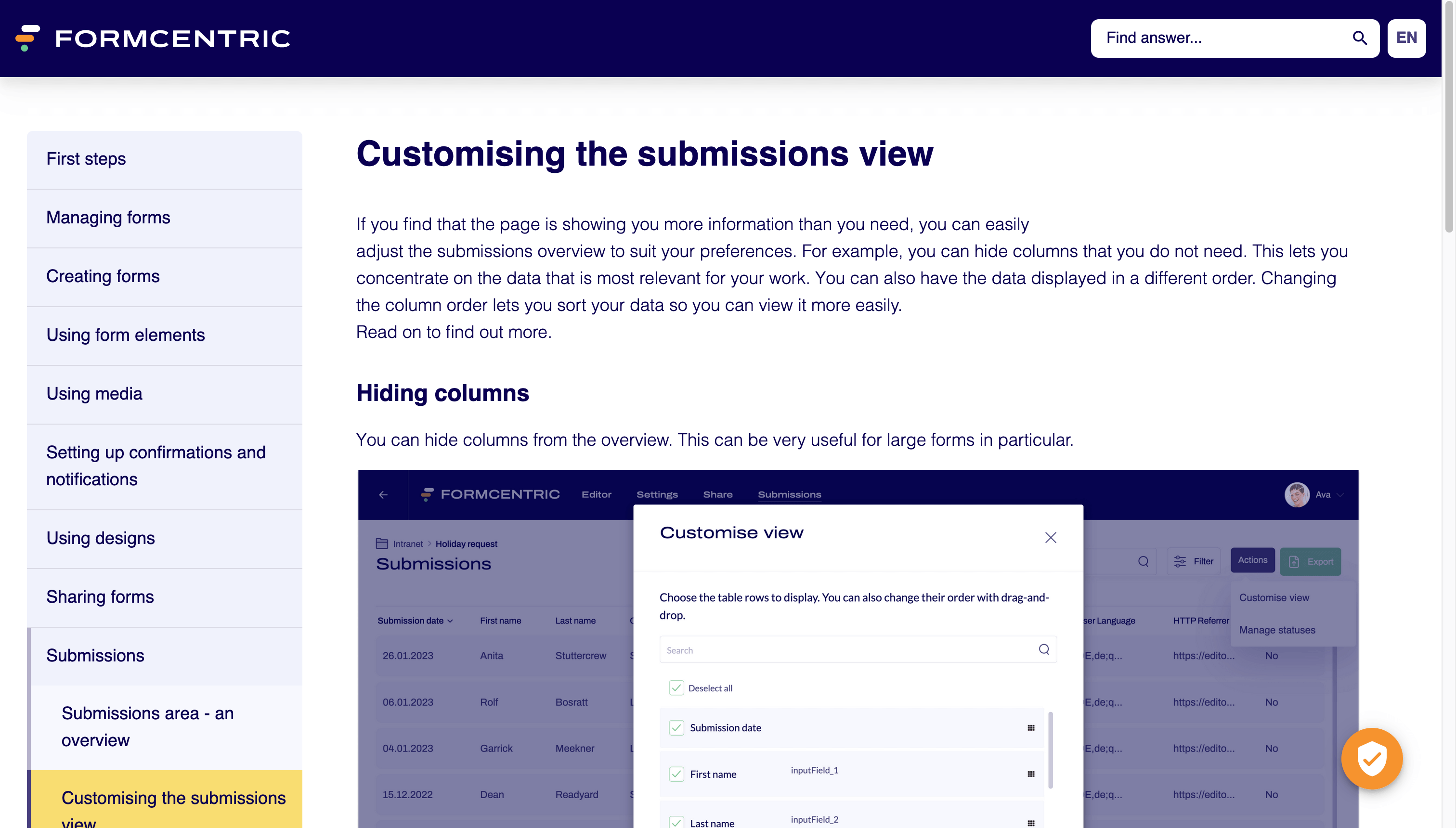 Customising Submissions view