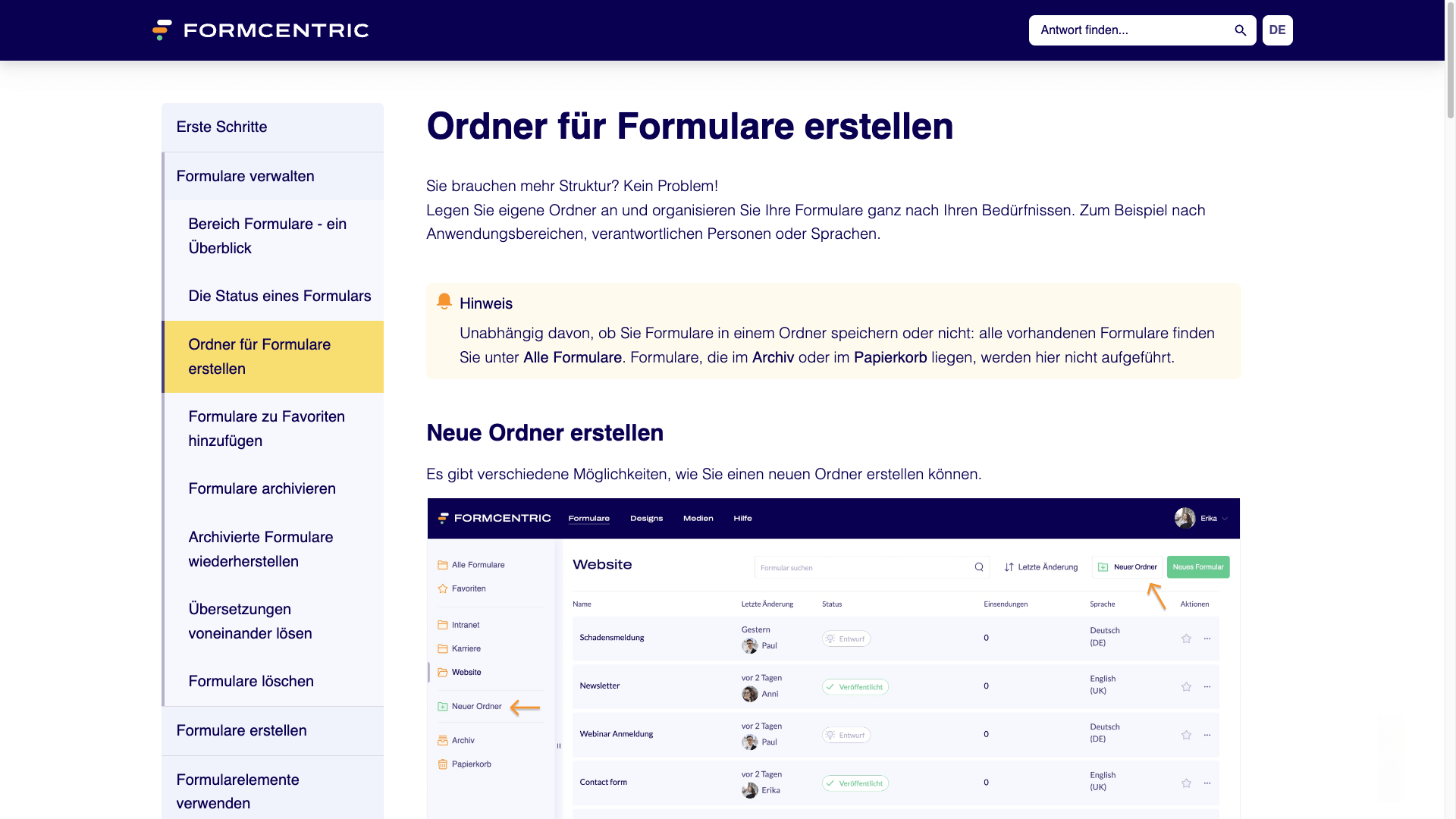 Ordner für Formulare erstellen