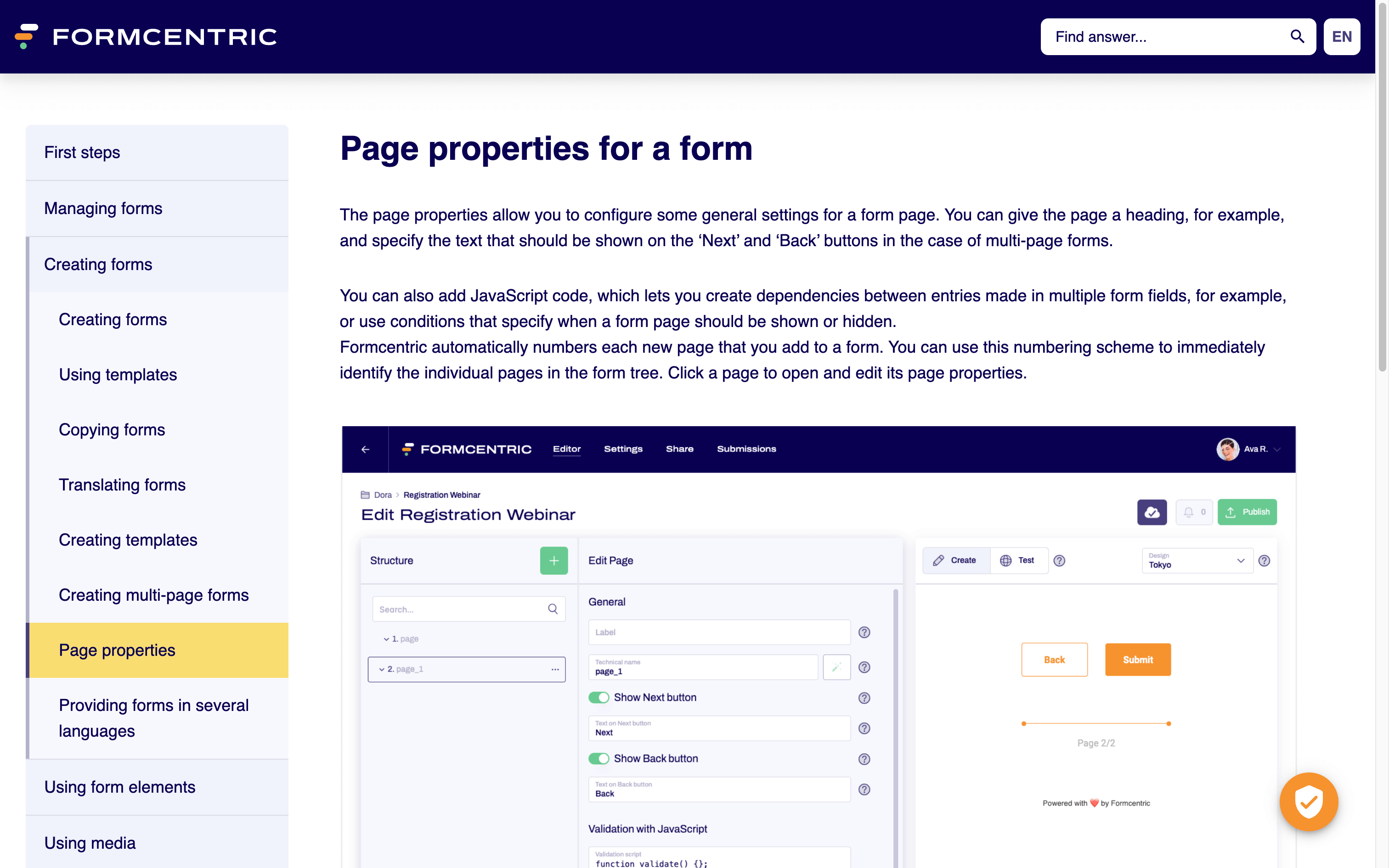 Page properties for a form