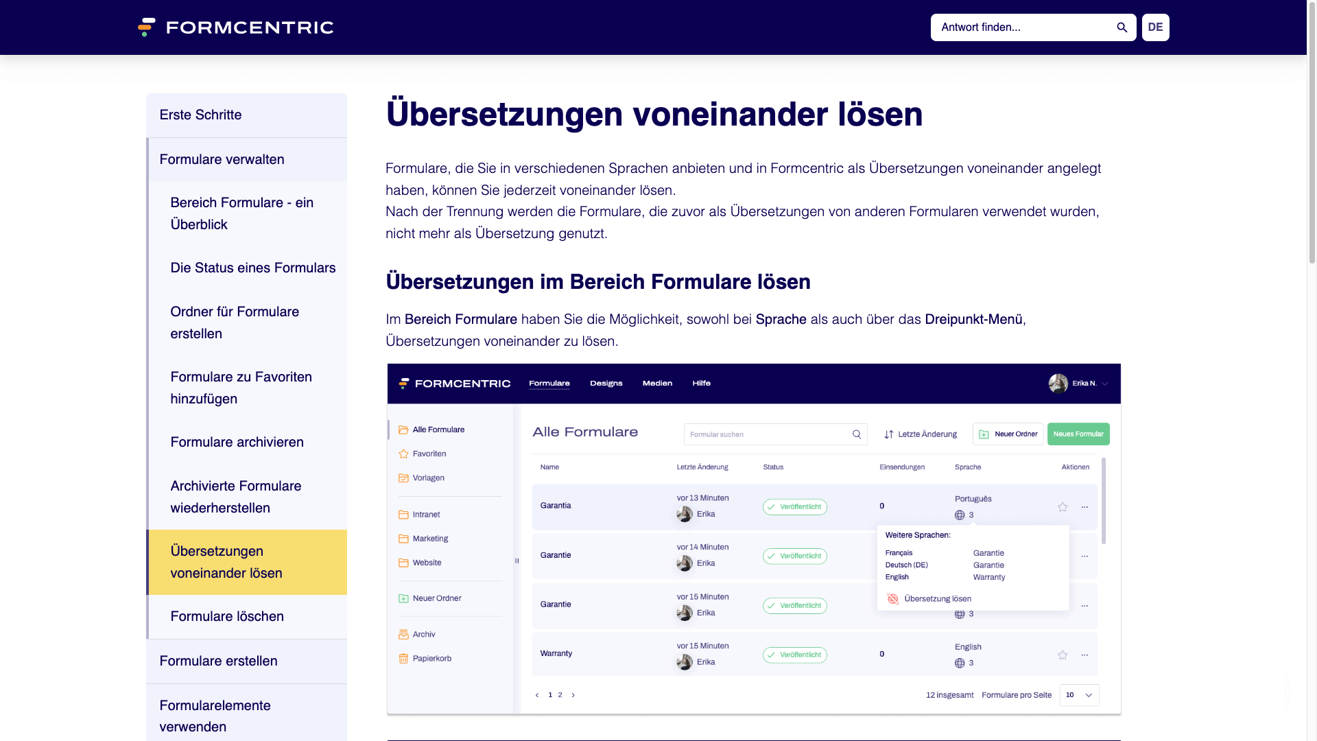 Übersetzungen voneinander lösen